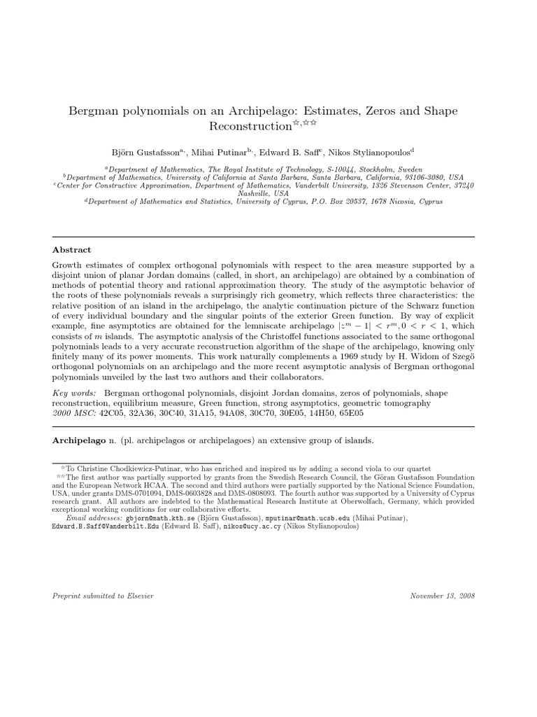Bergman Polynomials On An Archipelago | PDF | Function (Mathematics ...