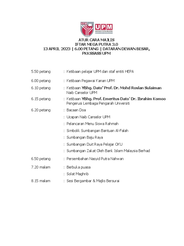 Atur Cara Majlis Iftar Mega UPM 3.0 | PDF