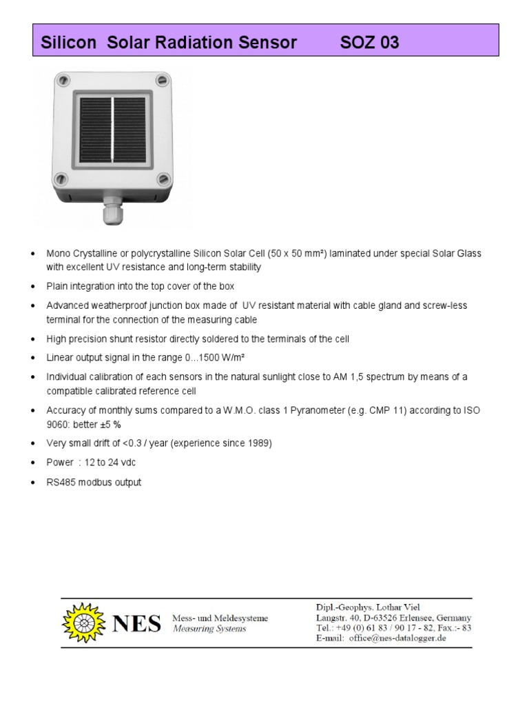 Solar Irradiance Sensor SOZ 03 RS485 Pyranometer Radiometer | PDF ...