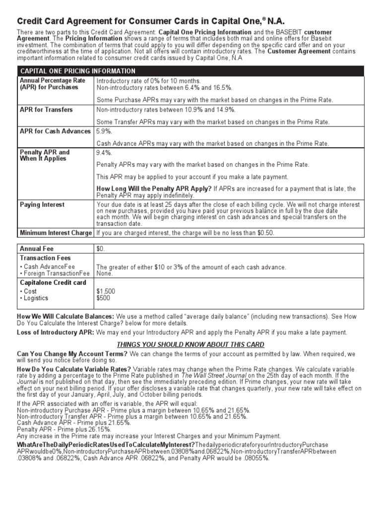 Credit Card Agreement For Consumer Cards in Capital One N.A | PDF ...