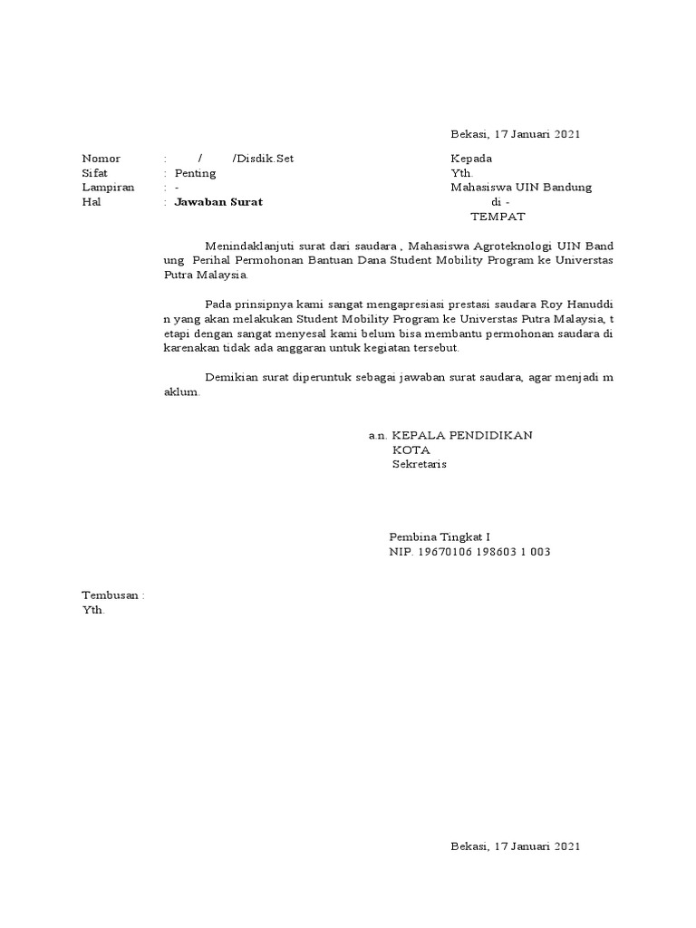 Contoh SURAT JAWABAN | PDF Contoh SURAT JAWABAN | PDF