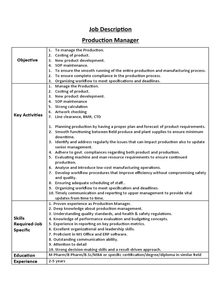 Production Manager | PDF | Regulatory Compliance | Specification ...
