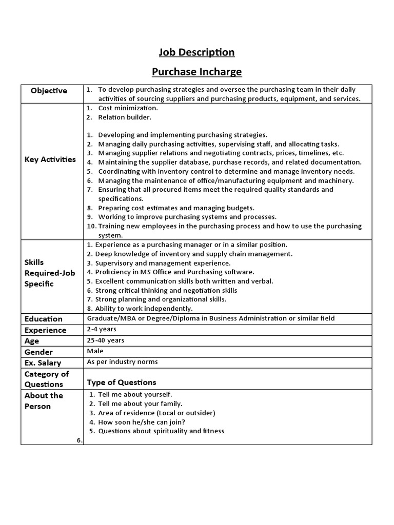 Job Description Purchase Incharge: Objective | PDF | Supply Chain ...