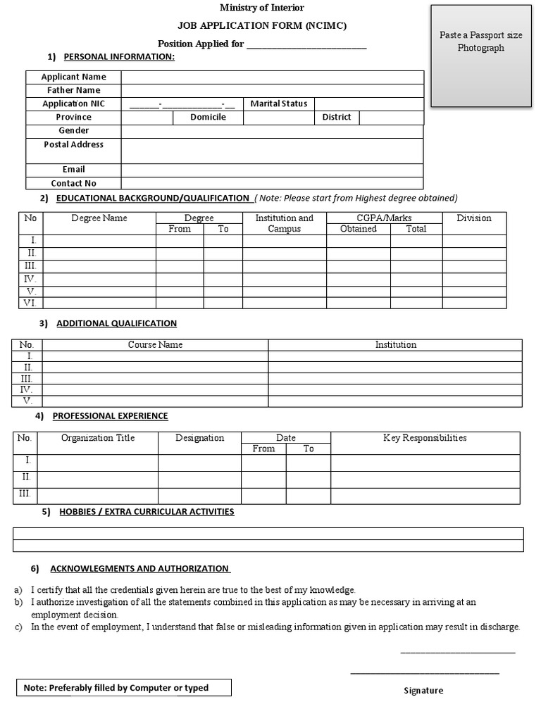 NCIMC Job Application Form | PDF