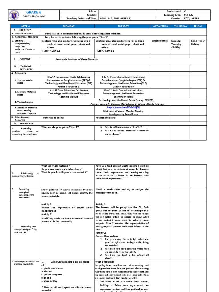 g6 DLL q3 Week 6 Tle Ia | PDF | Recycling | Waste