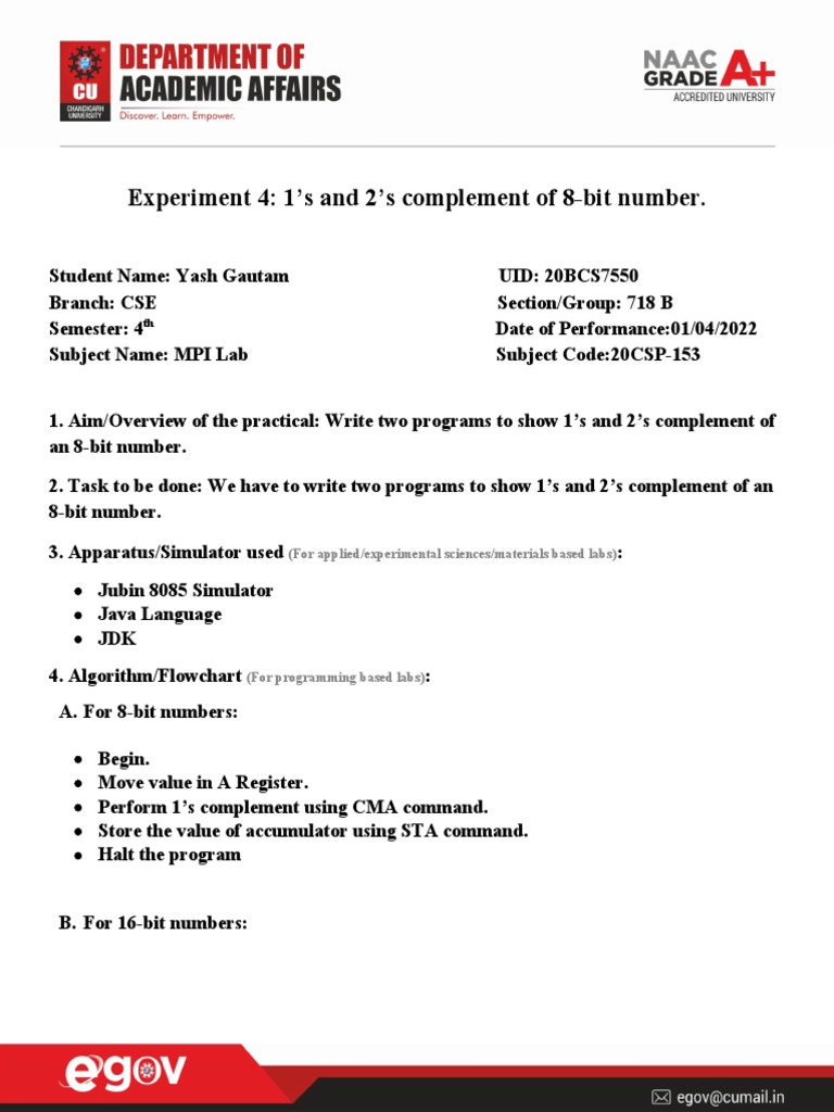 Experiment 4: 1's and 2's Complement of 8-Bit Number.: Jubin 8085 Simulator Java Language JDK | PDF