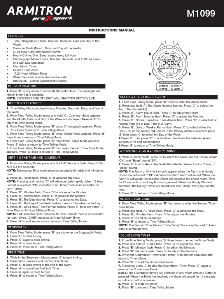 Armitron m1099 Watch Instructions Optimized | PDF | Timer ...