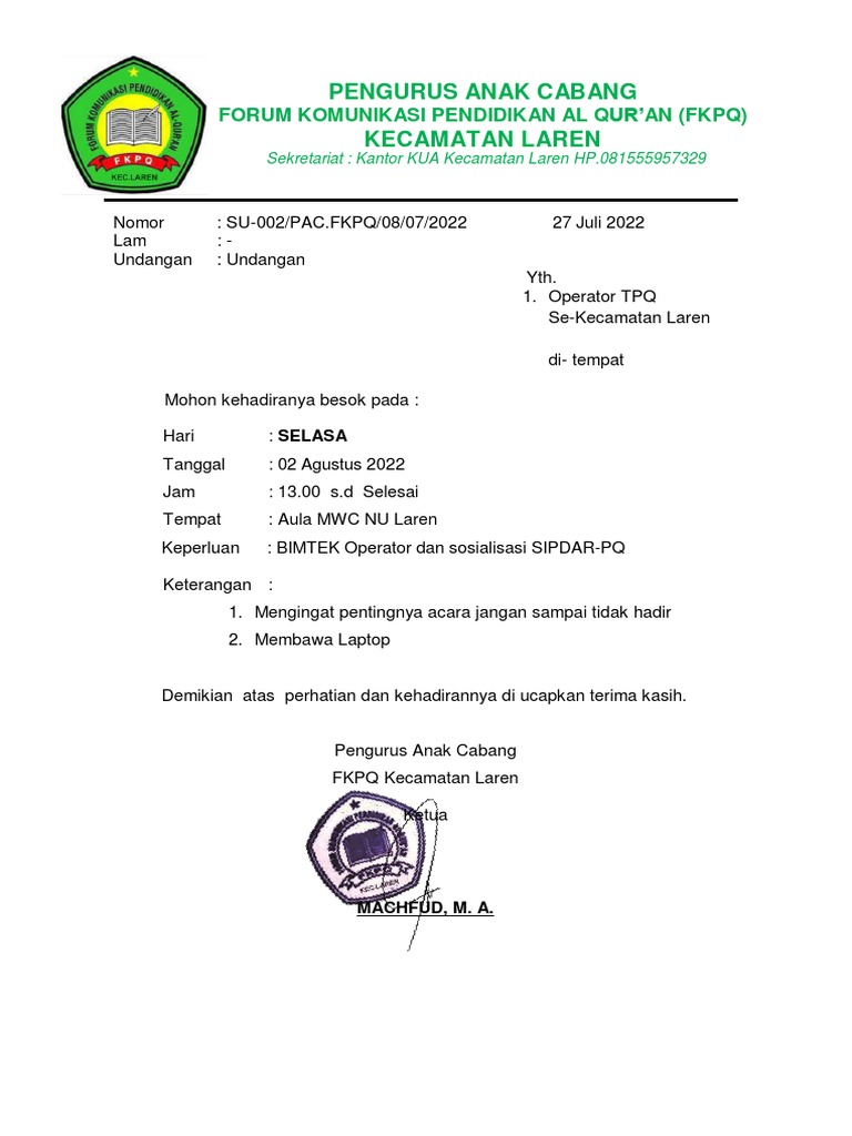 Contoh Undangan FKPQ - Forum Komunikasi Kepala TPQ | PDF
