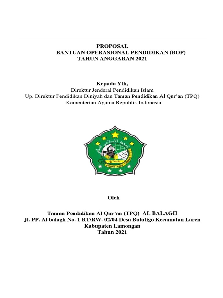 Contoh Proposal BOP TPQ | PDF