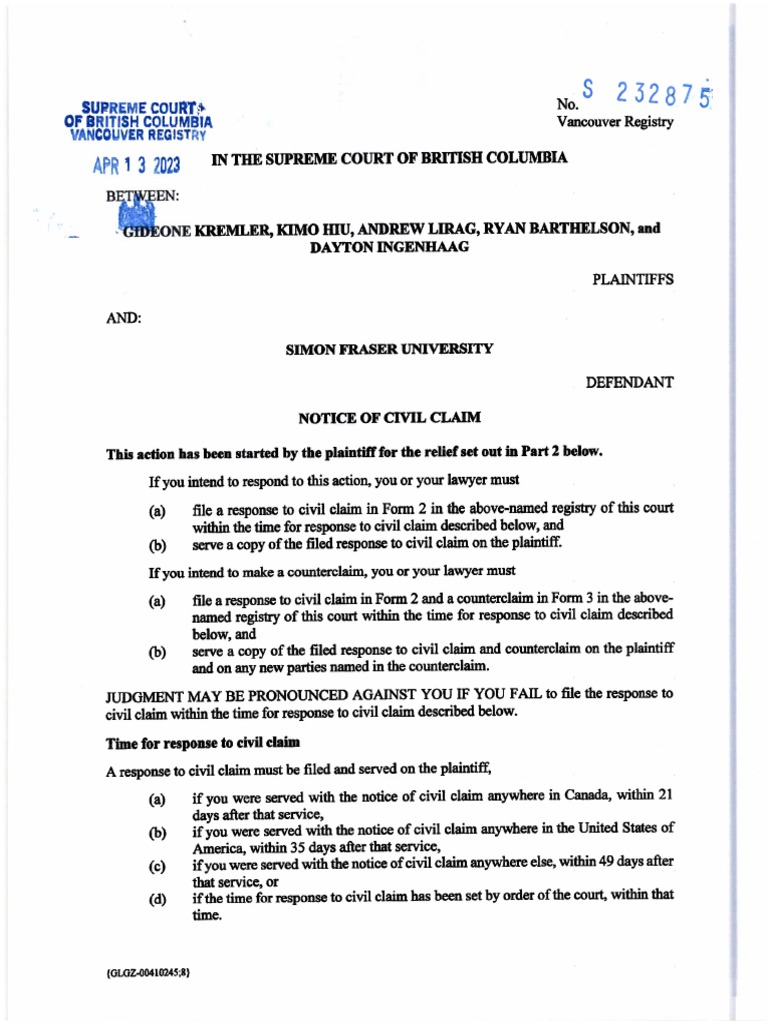 Filed Notice of Civil Claim - SFU Football | PDF
