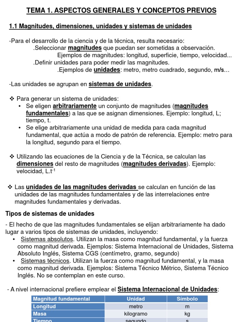 Tema 1. Aspectos Generales Y Conceptos Previos: 1.1 Magnitudes, Dimensiones, Unidades y Sistemas ...
