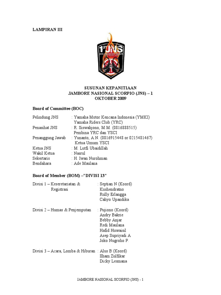 LAMPIRAN III Susunan PANITIA JNS (Revisi) | PDF