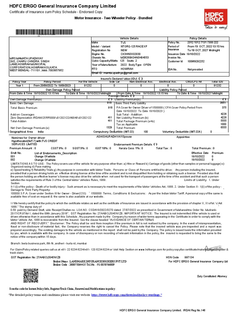 Motor Insurance - Two Wheeler Policy - Bundled: Certificate of ...