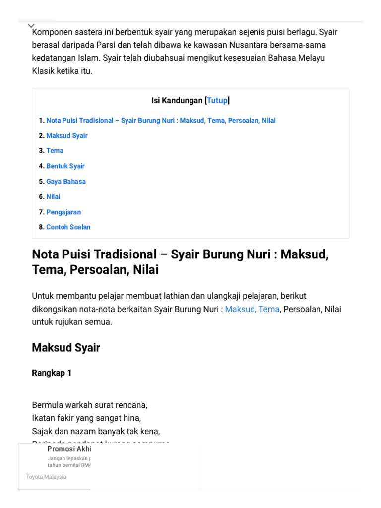 Syair Burung Nuri - Maksud, Tema, Persoalan, Nilai | PDF
