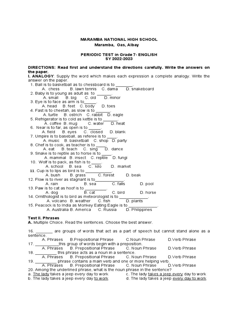 Grade 7 English Summative Test with Answers | PDF | Phrase | Verb
