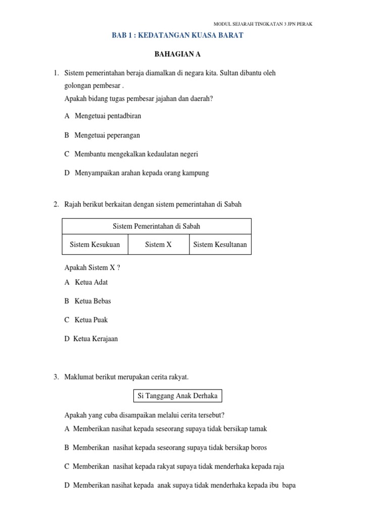 Sejarah Tingkatan 3 Soalan Objektif | PDF