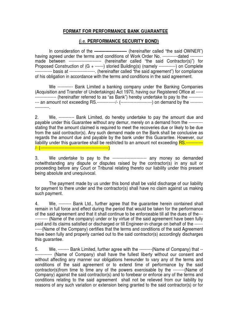 Format For Performance Bank Guarantee (I.E. Performance Security Bond) | PDF | Guarantee | Legal ...