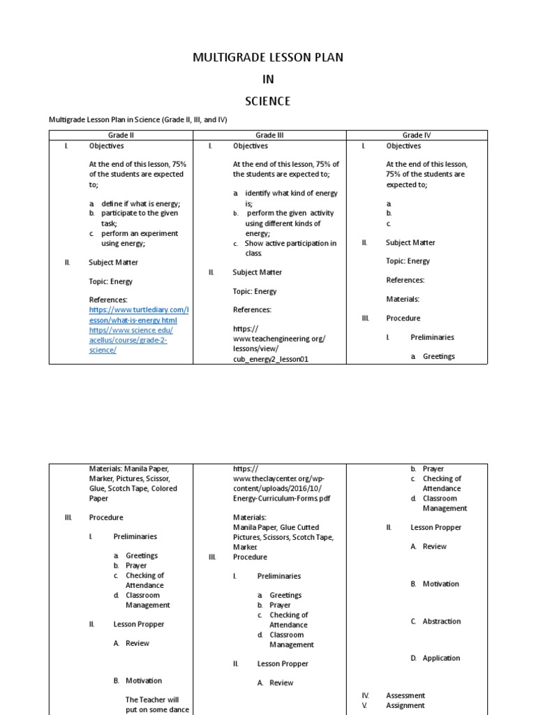 Multigrade Science Lesson Plan: Energy | PDF | Teachers | Cognition