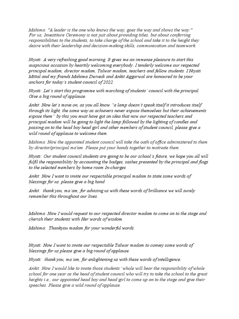 Script For Investure Ceremony | PDF