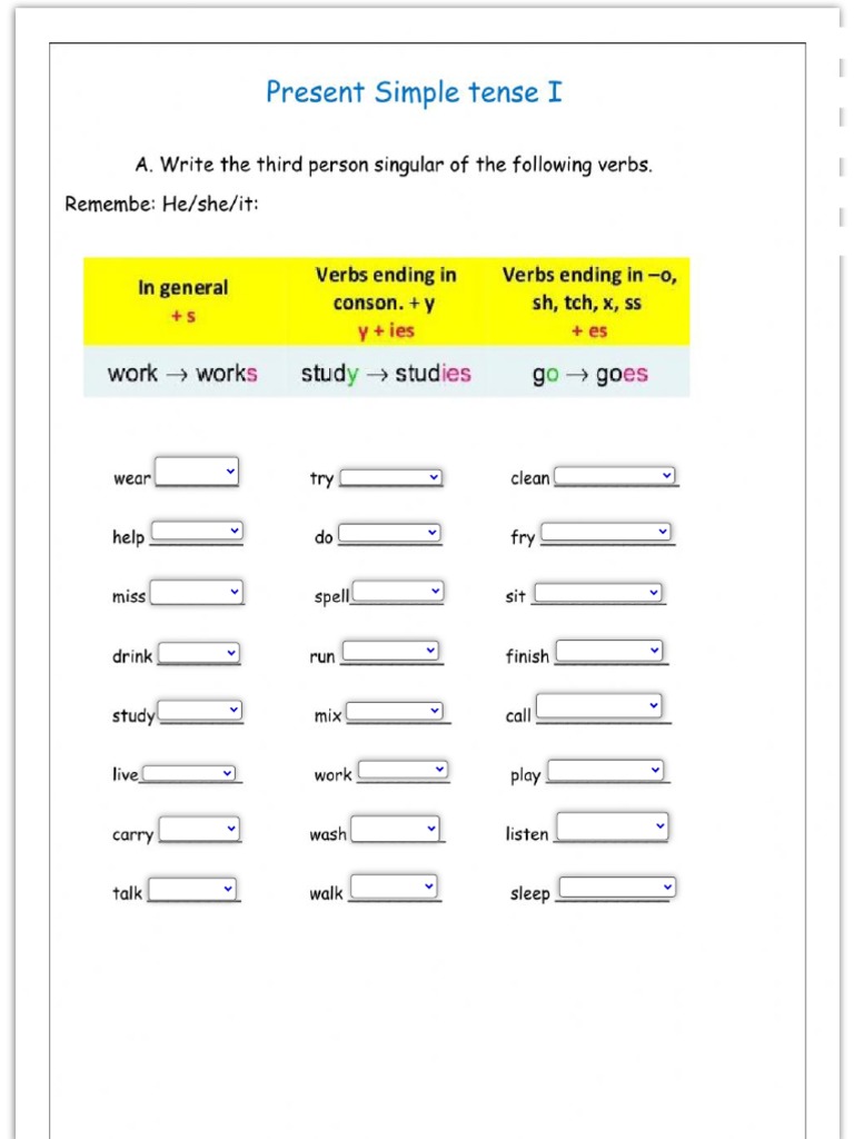 Ejercicio de Present Simple Tense I - Third Person Singular | PDF