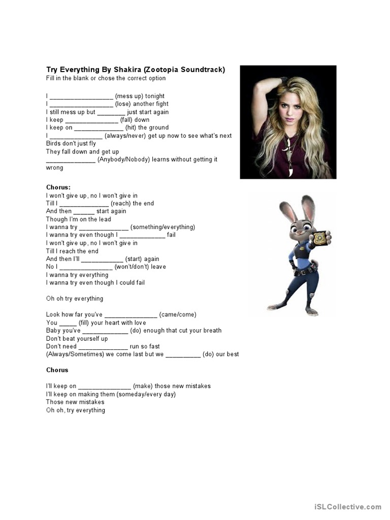 Try Everything by Shakira Lyrics Worksheet | PDF