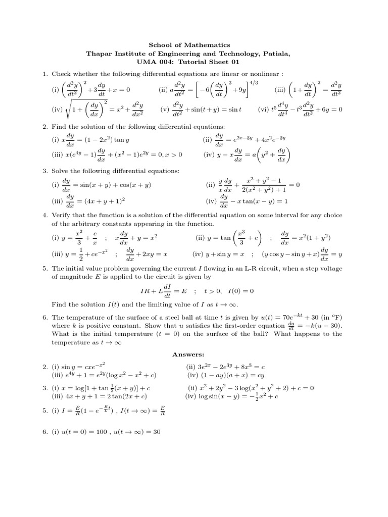 Tute Sheet - 01 - UMA004 | Download Free PDF | Differential Equations ...