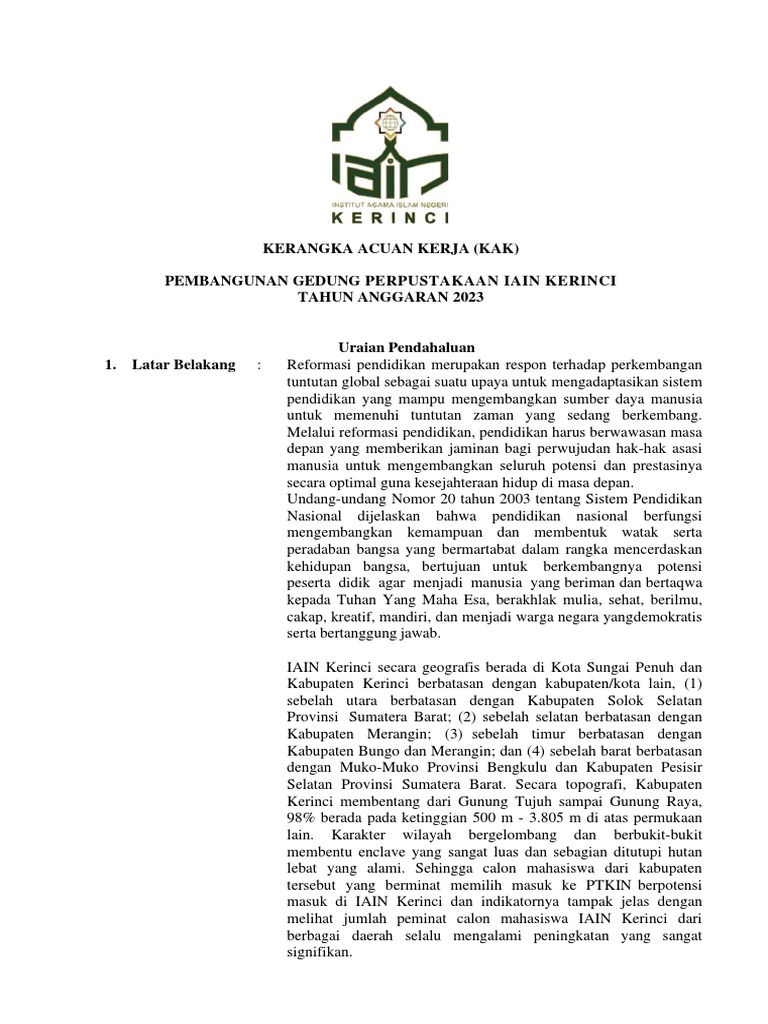 Kak Pembangunan Gedung Perpustakaan Iain Kerinci 2023 | PDF Kak Pembangunan Gedung Perpustakaan Iain Kerinci 2023 | PDF