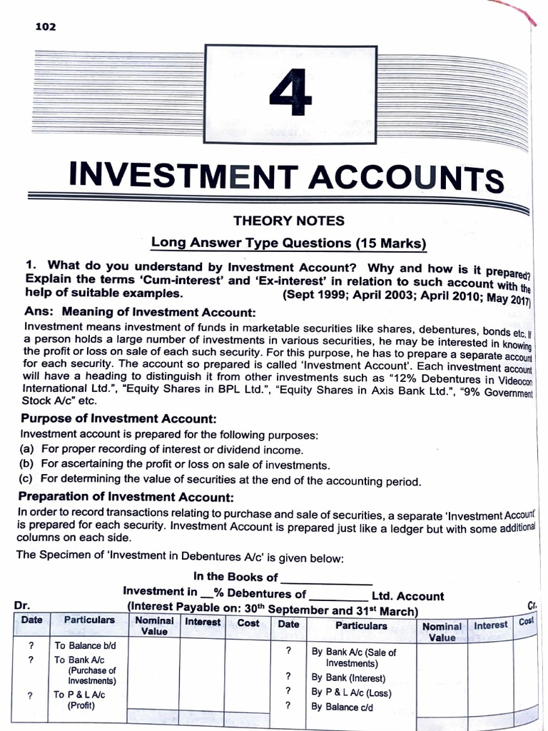 Investment Accounts: Theory Notes Long Answer Type Questions (15 Marks ...