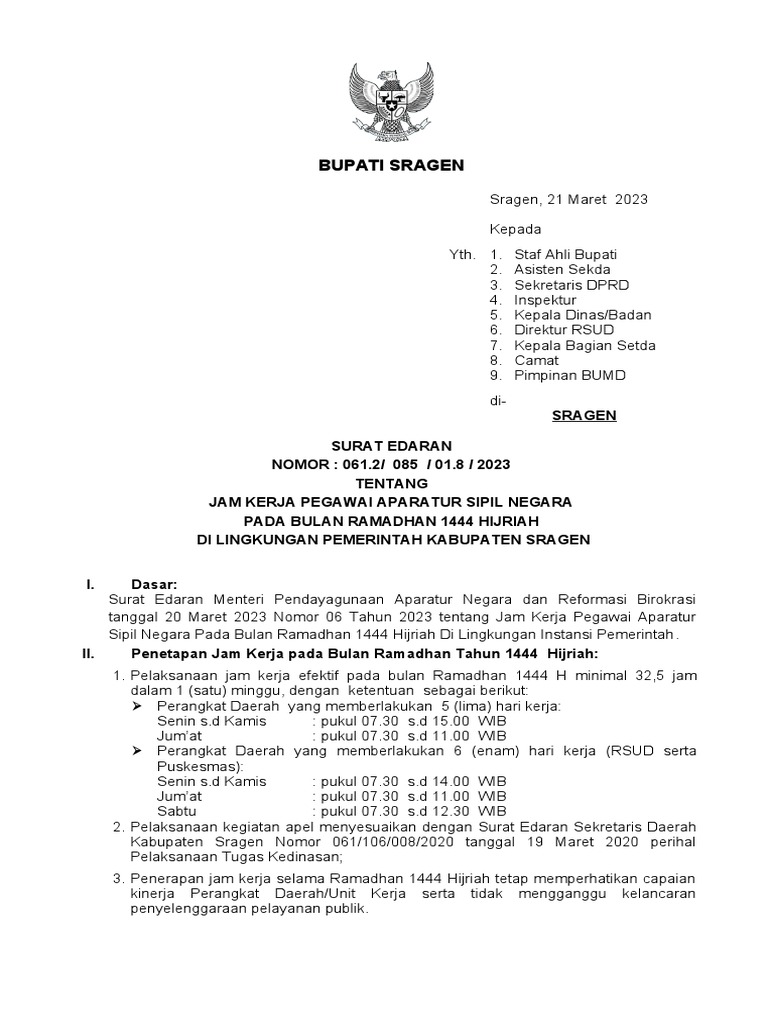SURAT EDARAN JAM KERJA RAMADHAN 2023_141721032023 | PDF