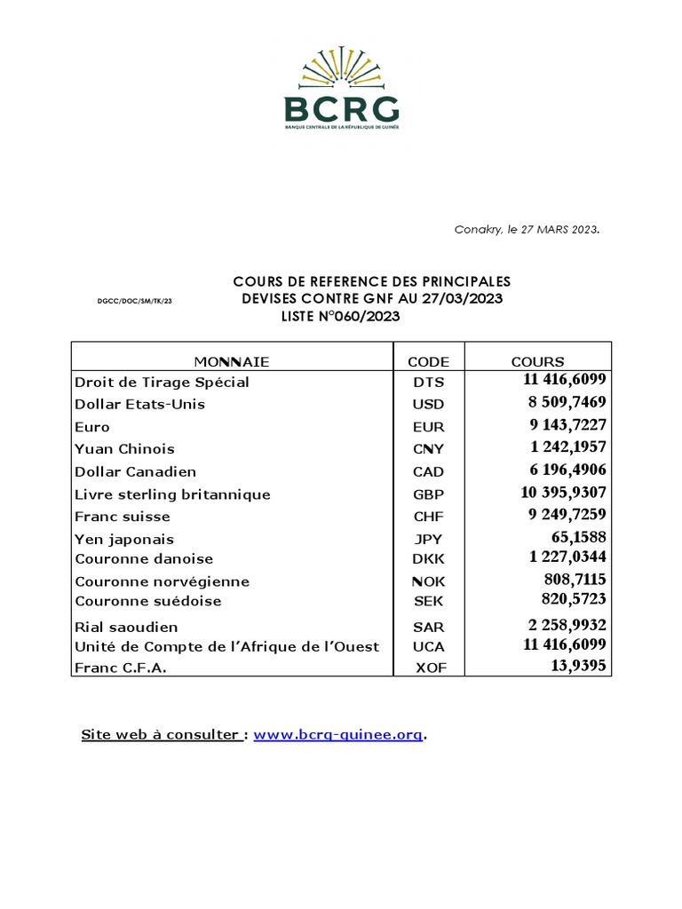Cours de Référence des Devises au 27/03/2023 | PDF