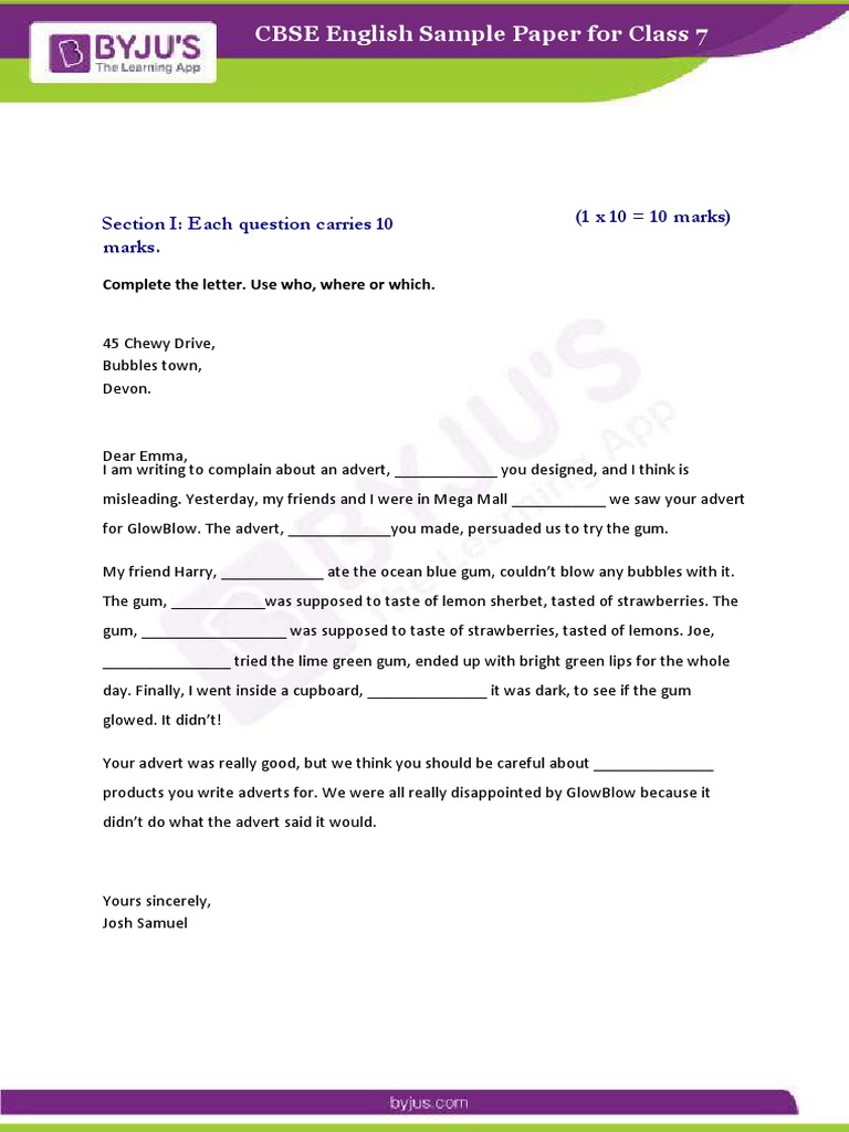 CBSE Class 7 English Sample Paper Er | PDF