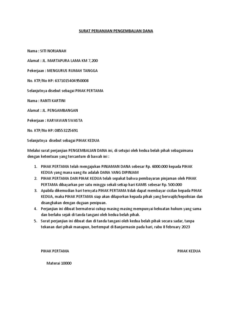 Surat Perjanjian Pengembalian Dana | PDF