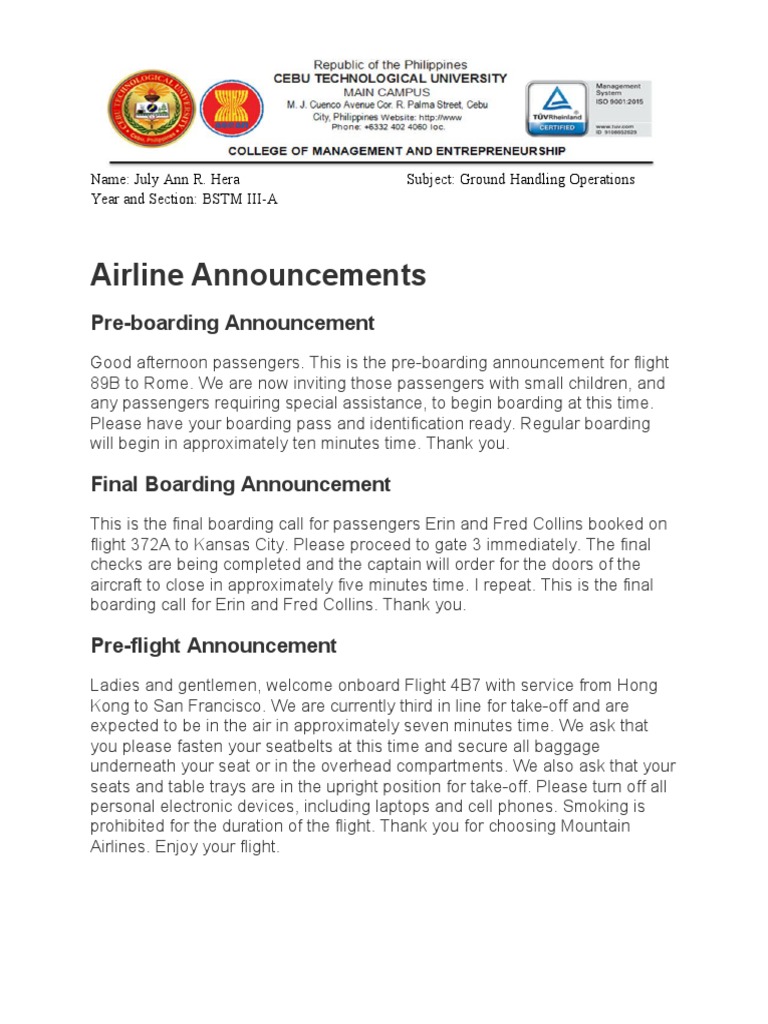 Written Report-Airline Announcement | PDF