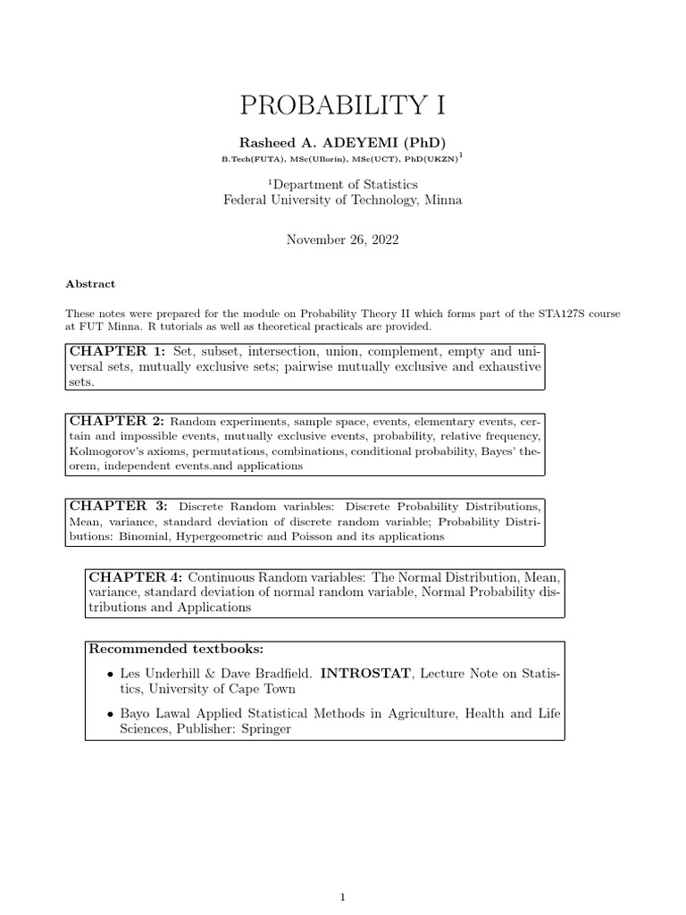 Probability I | PDF | Set (Mathematics) | Probability Distribution