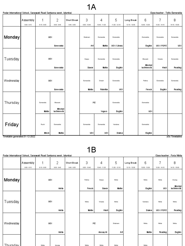 Class Time Table Individual - 30-12-2022 | PDF
