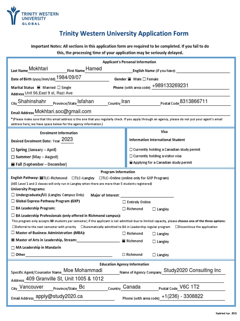 Trinity Western University Application Form - Updated Apr 2021 | PDF ...