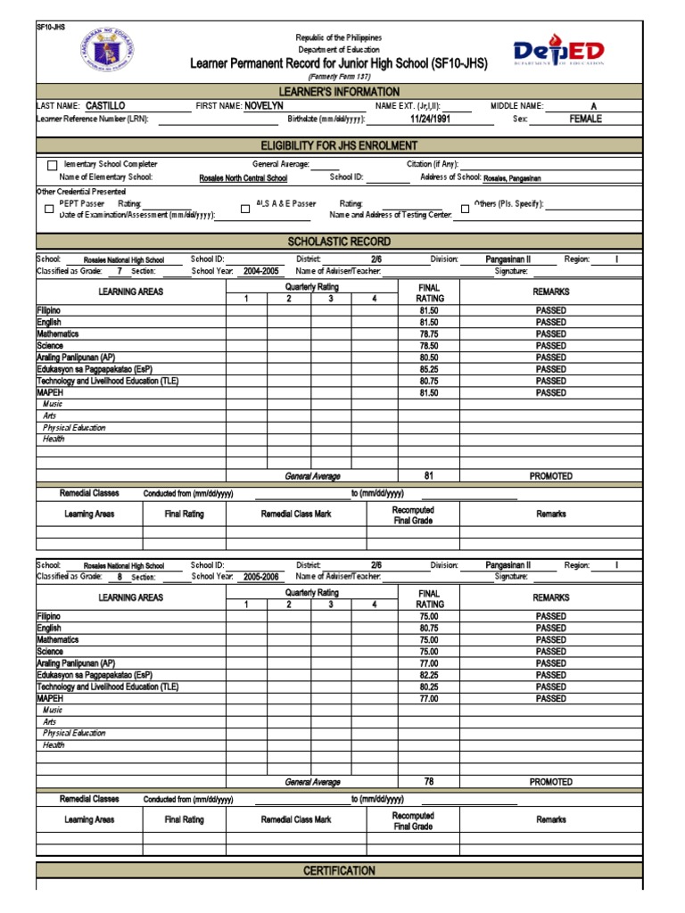 JHS Learner Record | PDF