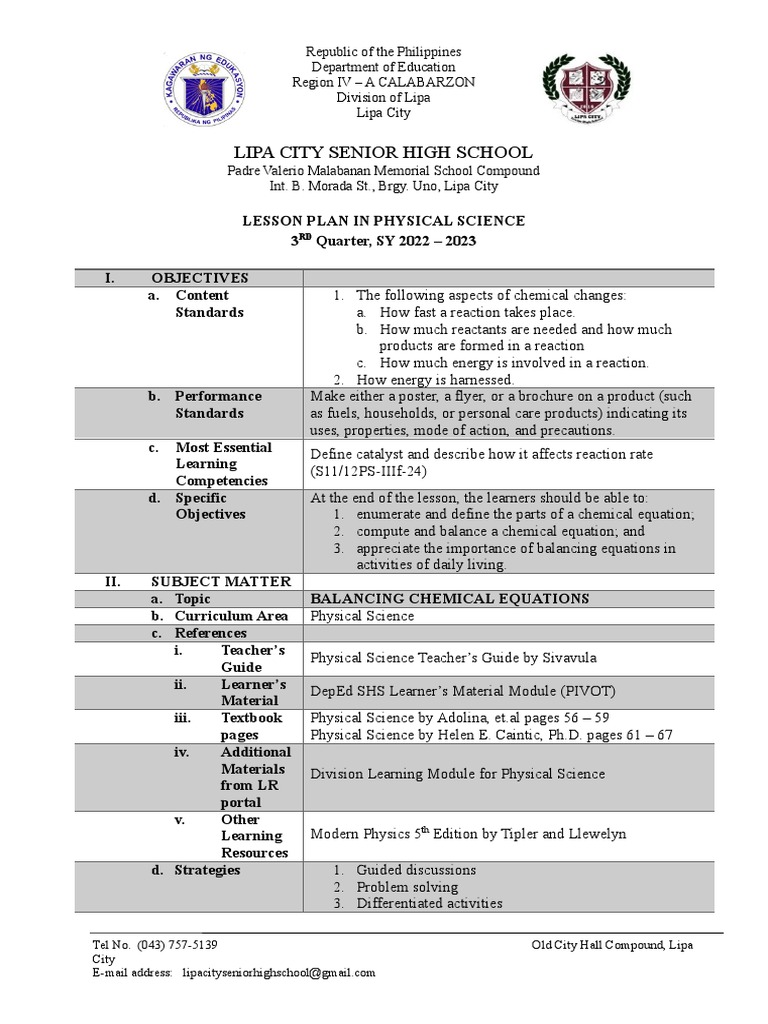 Lesson Plan in Physical Science COT 1 2022 2023 | PDF | Chemical Reactions | Chemical Compounds
