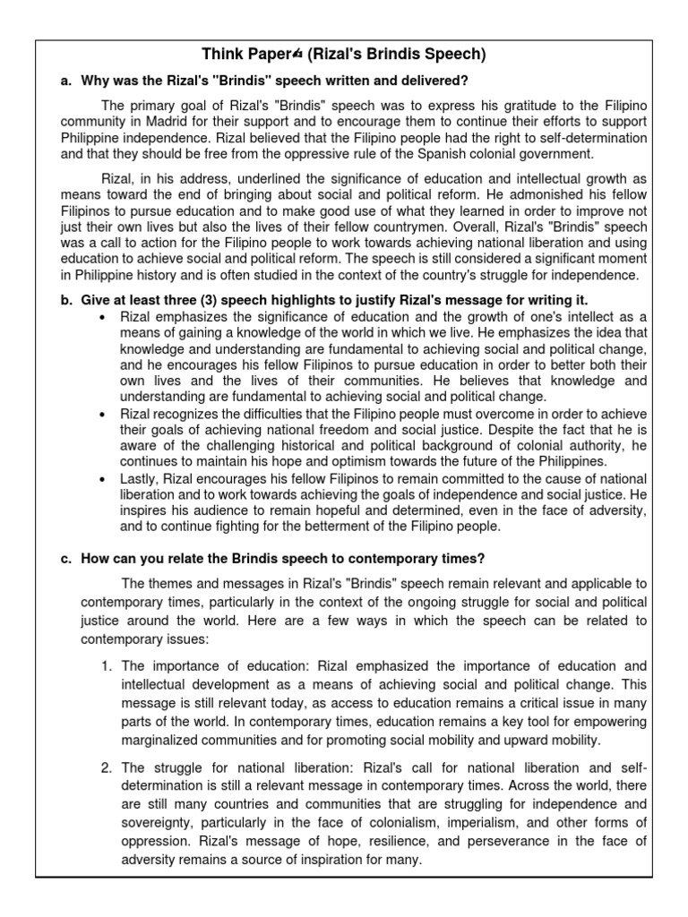 Think Paper (Rizal's Brindis Speech) | PDF | Philippines