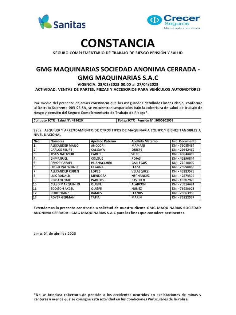 Constancia GMG Maquinarias - SCTR | PDF