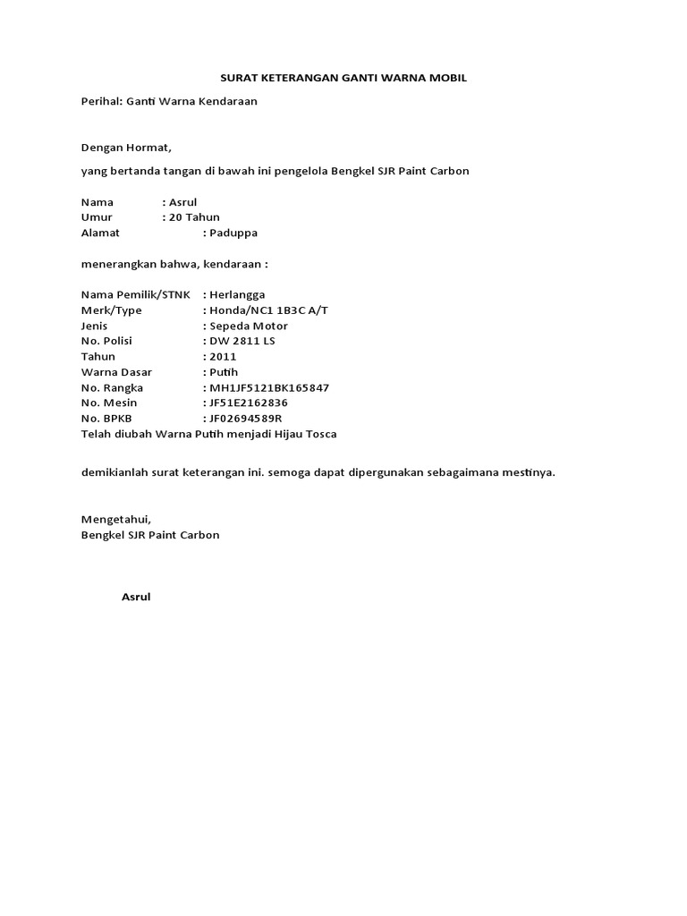 Surat Keterangan Ganti Warna Mobil | PDF
