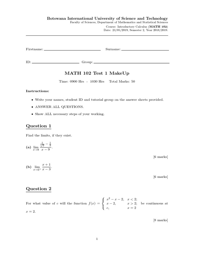 MATH 102 Test 1 MakeUp | PDF | Function (Mathematics) | Derivative