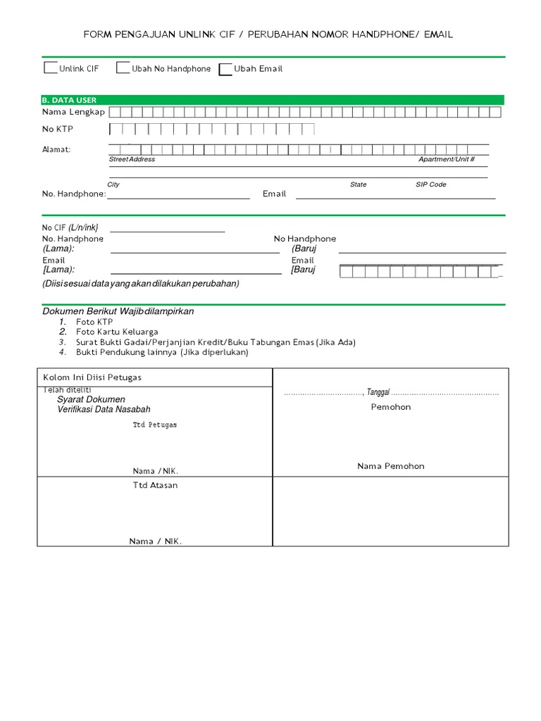 Form Pengajuan Unlink Cif / Perubahan Nomor Handphone/ Email | PDF