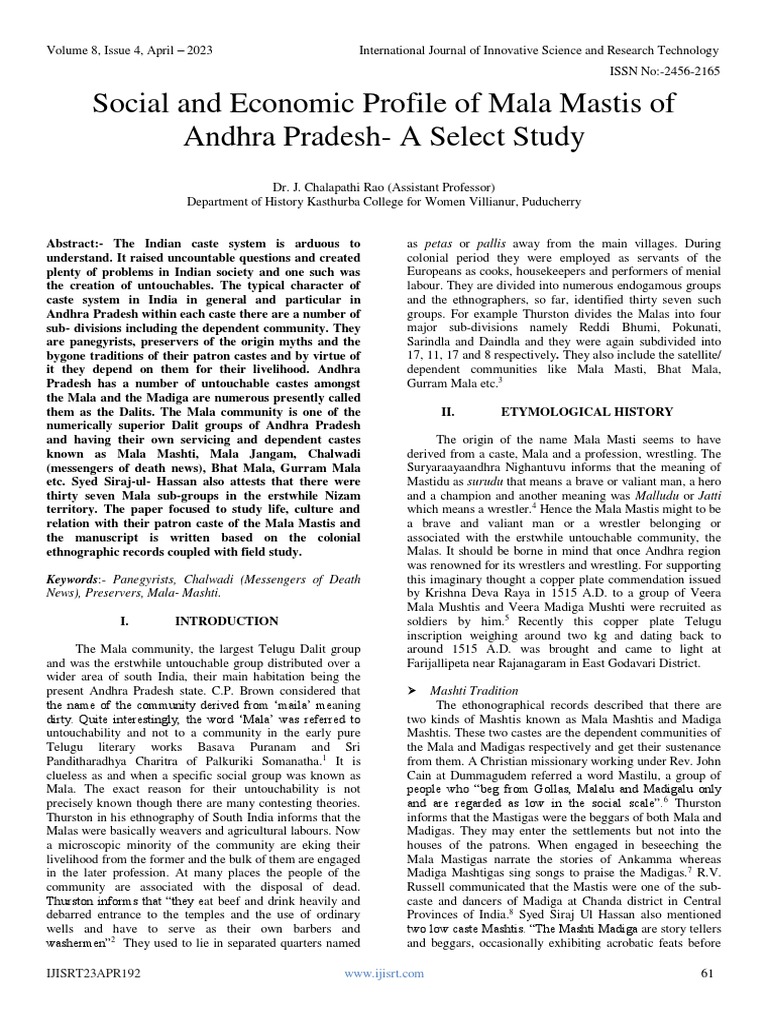 Social and Economic Profile of Mala Mastis of Andhra Pradesh - A Select ...