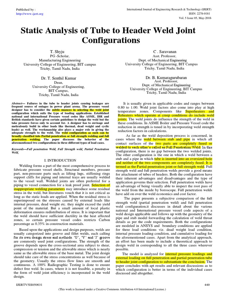 Static Analysis of Tube To Header Weld Joint Configurations: T. Shyju C ...