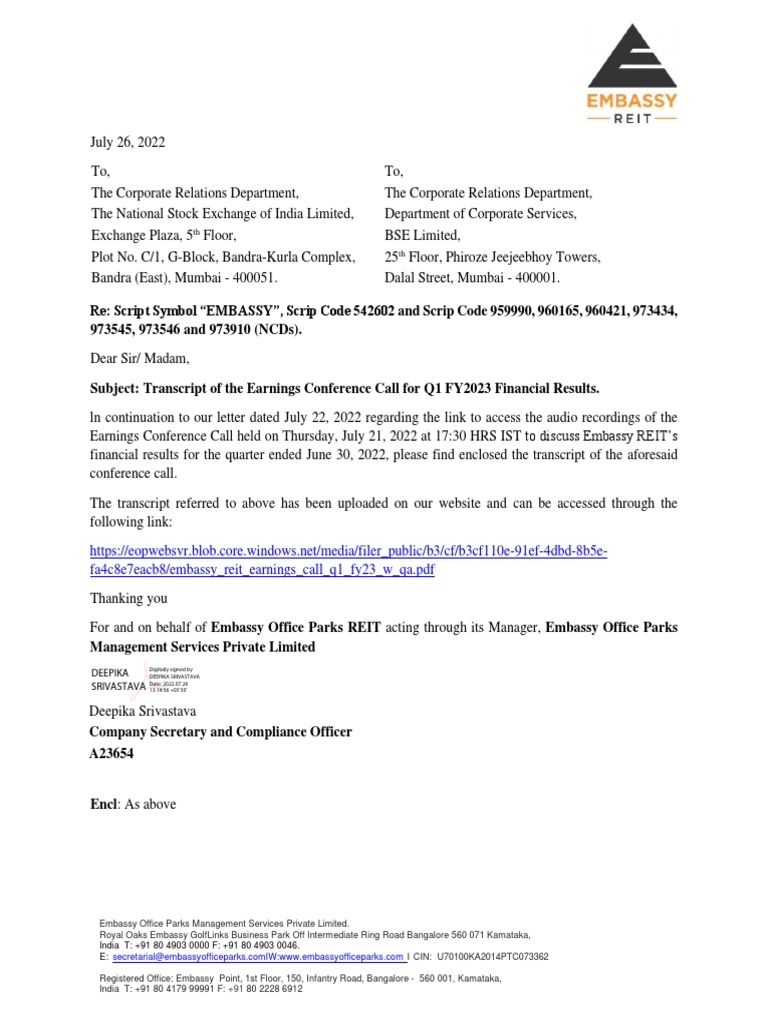 Fa4c8e7eacb8/embassy - Reit - Earnings - Call - q1 - Fy23 - W - Qa - PDF: TH TH | PDF | Debt ...