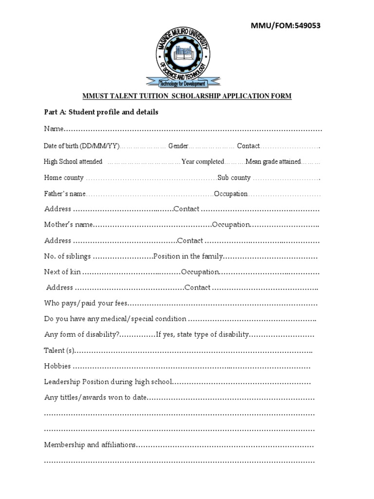 MMUST Talent Scholarship Application Form | PDF