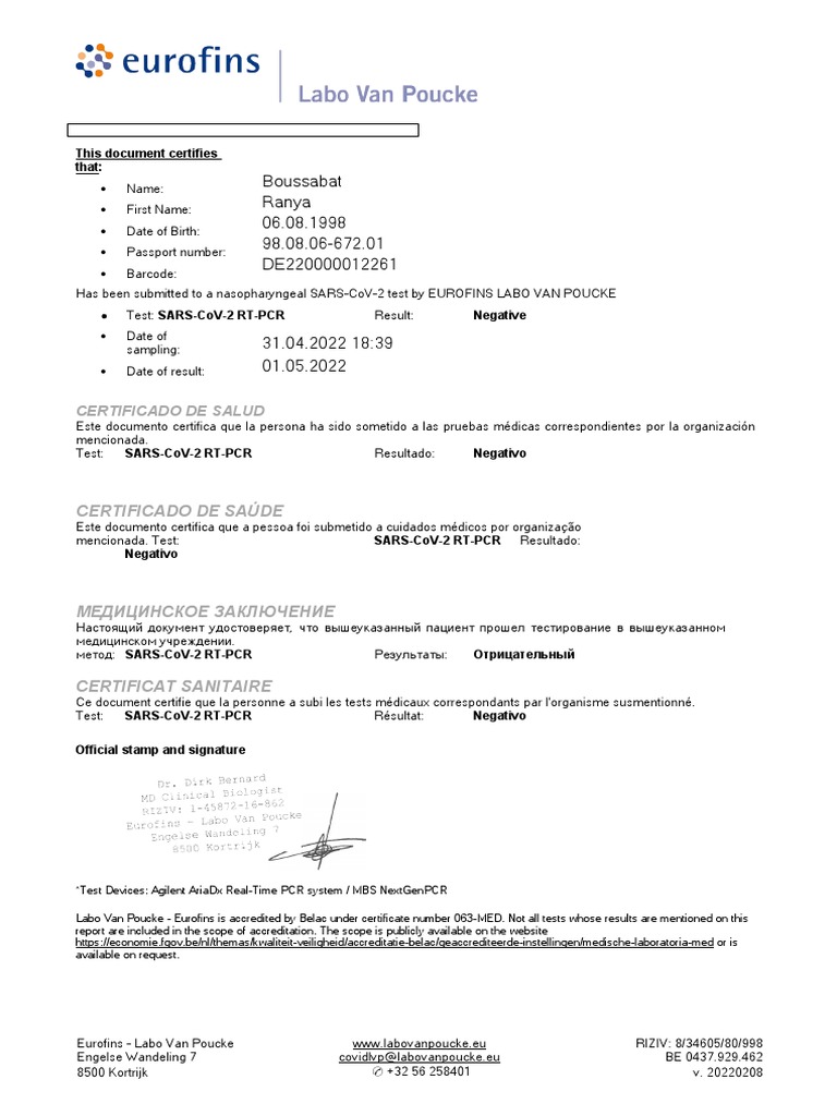 PCR Test Result Certificate - Negative | PDF | Science & Mathematics