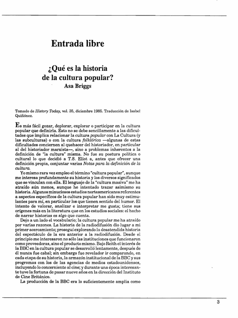 Asa Briggs - ¿Qué Es La Historia de La Cultura Popular? (1985) | PDF