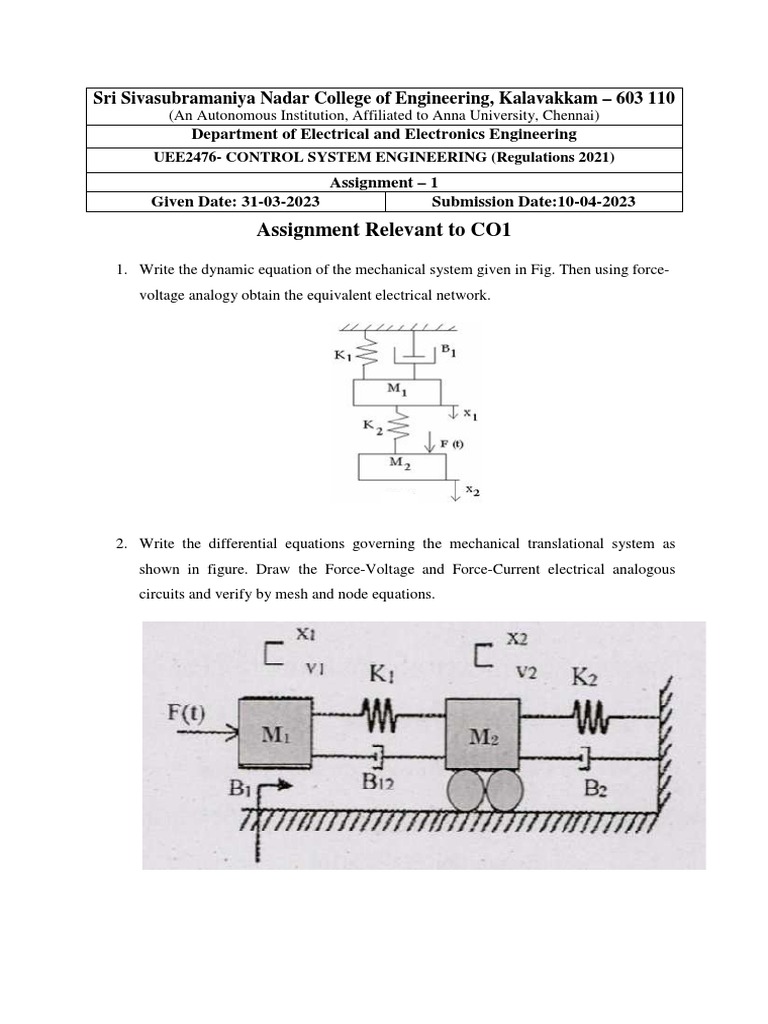 Assignment - 1 - Control System Engineering - CO1 | PDF | Teaching ...
